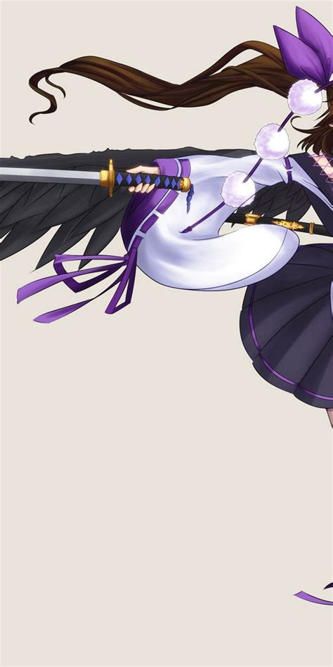 Завантажити шпалери на робочий стіл ПК Аніме Крила Катана Тохоу Довге Волосся Каштанове