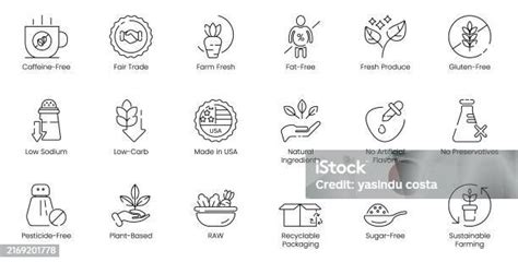 일러스트 아이콘 카페인 프리 사전 작동 농장 신선 무지방 신선한 농산물 글루텐 프리 저나트륨 저탄수화물 미국산 천연 성분 인공 향료 없음 벡터 아이콘 0명에 대한 스톡 벡터