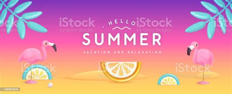 3d 플라스틱 열대 과일 나뭇잎 플라밍고가 있는 여름 포스터 여름 배경입니다 벡터 그림 여름에 대한 스톡 벡터 아트 및 기타 이미지 Istock