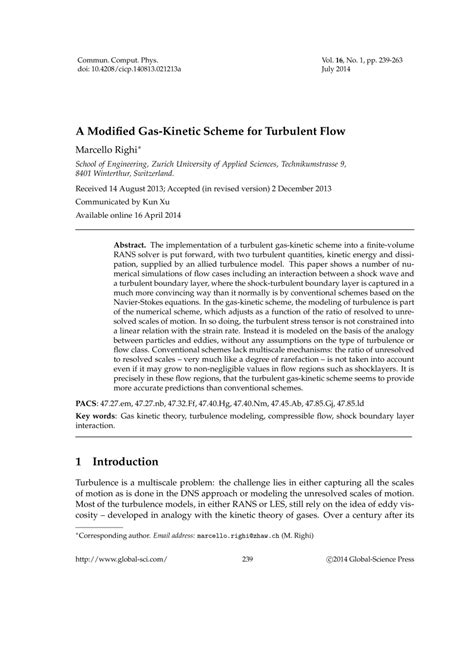 Global Science Press A Modified Gas Kinetic Scheme For Turbulent Flow