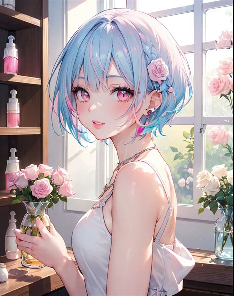 꽃병을 들고 파란 머리를 가진 애니메이션 소녀 Seaart Ai