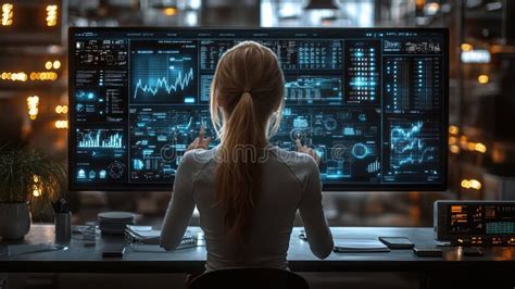 Woman Interacts With A Large Screen Displaying Multiple Data