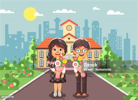 벡터 일러스트 레이 션 캐릭터 어린이 여 학생 및 남학생 급우 학생 학생 지식 하루 시작 건물 앞 꽃 학교 평면 스타일을 다시