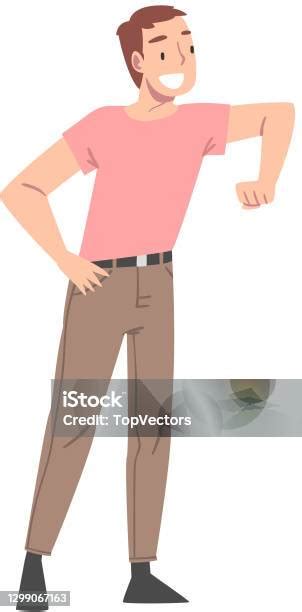 팔꿈치와 기쁨과 흥분 전체 길이 벡터 일러스트와 미소와 함께 몸짓 과 함께 기뻐하는 남성 캐릭터 개념에 대한 스톡 벡터 아트 및 기타 이미지 Istock