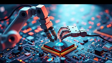 Robotic Arms Installing Microchip On Circuit Board Stock Illustration Illustration Of