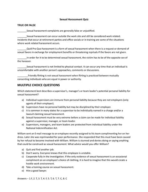 Sexual Harassment Quiz Master With Answers Sexual Harassment Quiz TRUE OR FALSE Sexual