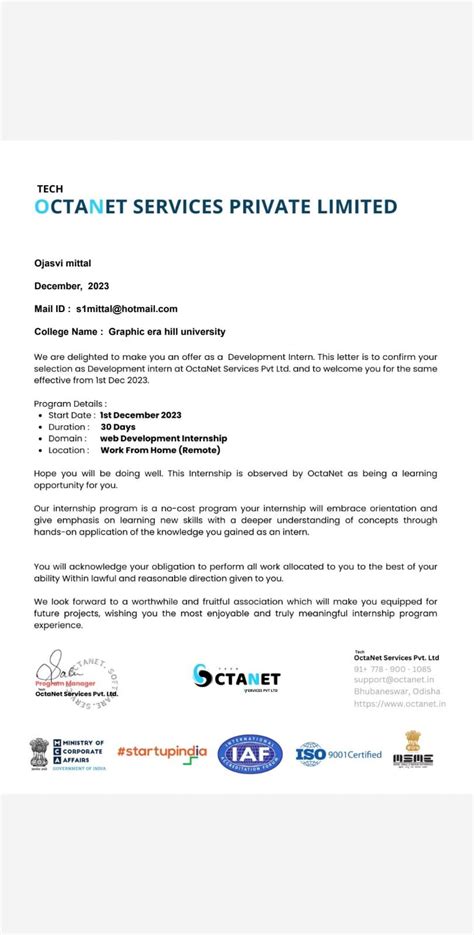 Ojasvi Mittal On Linkedin Thank You Octanet Services Pvt Ltd For This Internship Opportunity