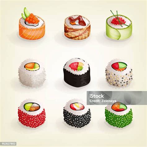 일본 요리 컬렉션입니다 다양 한 신선 하 고 맛 있는 초밥 세트 롤 벡터 일러스트 레이 션에 대 한 건강 식품의 테이크아웃 바 또는 레스토랑 메뉴 초밥에 대한 스톡 벡터