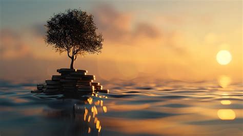 A Tree On A Stack Of Books In The Water At Sunset Premium AI Generated Image