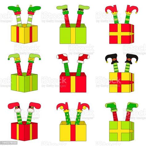 격리된 편평한 작풍에 있는 선물 상자를 가진 엘프 발의 세트 0명에 대한 스톡 벡터 아트 및 기타 이미지 0명 12월 개체 그룹 Istock