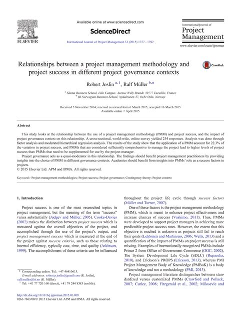 Relationships Between A Project Management Methodology And Project Succe A Cross Sectional