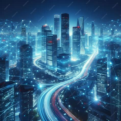 Premium Photo A Futuristic Cityscape Illuminated By A Network Of Blue Digital Pathways