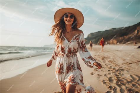 Premium Ai Image Happy Influencer Woman Walking On The Beach During A
