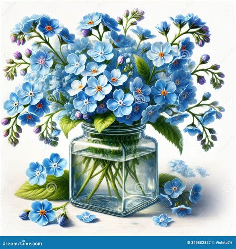 Watercolor Blue Forget Me Not Flowers In Mason Jar Rustic Style Stock