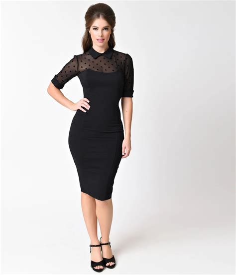 Collectif Black Sheer Swiss Dot Short Sleeve Wednesday Wiggle Dress