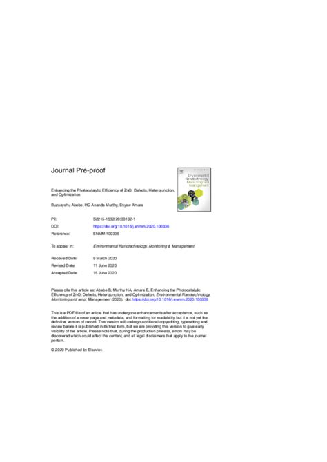 Pdf Enhancing The Photocatalytic Efficiency Of Zno Defects