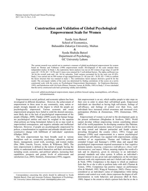 Pdf Construction And Validation Of Global Psychological Empowerment