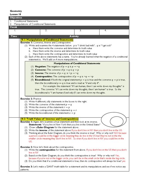 Geometry Lesson 10 V2 Converse Inverse Contra Positive And Biconditional Pdf If And Only