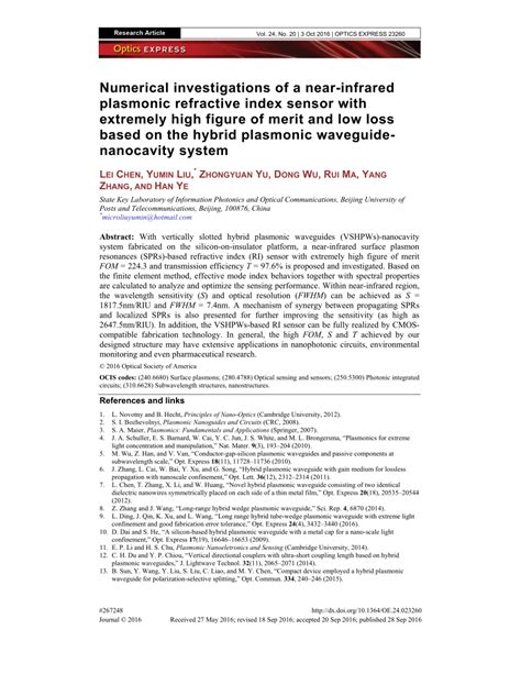 Pdf Numerical Investigations Of A Near Infrared Plasmonic Refractive