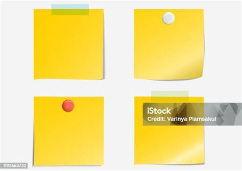 포스트 노트 라벨 어두운 노란색 종이 스티커 테이프 흰색과 빨간색 엄지 손가락 압정 그림자와 회색 배경에 설정 벡터 일러스트 노랑에 대한 스톡 벡터 아트 및 기타 이미지