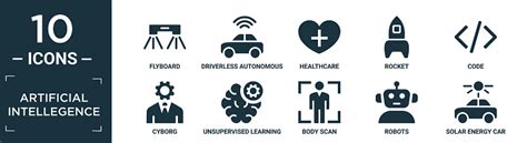 채워진 인공 지능 아이콘 세트입니다 플랫 플라이보드 무인 자율 주행 자동차 의료 로켓 코드 사이보그 비지도 학습 신체 스캔 로봇 태양 에너지 자동차 아이콘이 포함되어