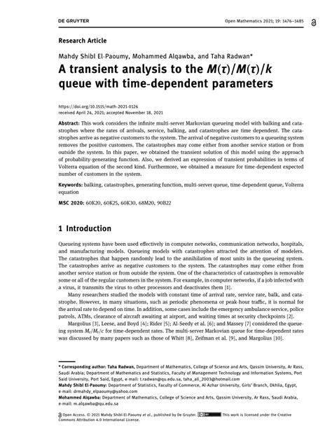 Pdf A Transient Analysis To The Mτmτk Queue With Time Dependent