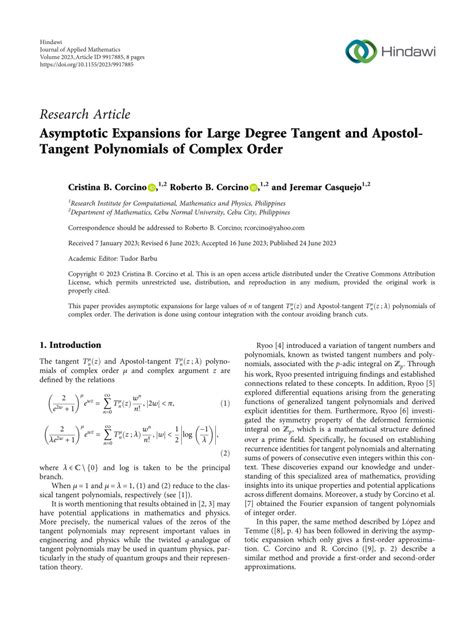 Pdf Asymptotic Expansions For Large Degree Tangent And Apostol Tangent Polynomials Of Complex