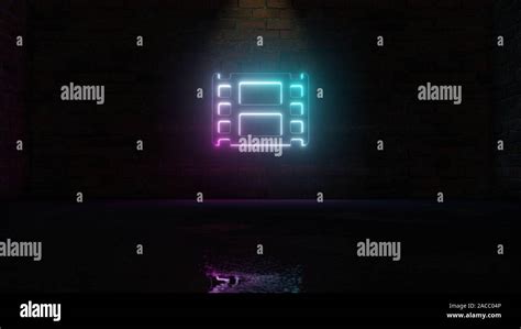 3d Rendering Of Blue Violet Neon Symbol Of Film Strip On Dark Brick Wall Background With Wet