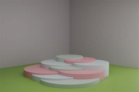 차분한 파스텔 색상의 라운드 포디움과 3d 모델링 장면 간단한 기하학적 요소로 빈 쇼케이스 모형 화장품 프리젠 테이션을위한 빈 3d 받침대 0명에 대한 스톡 사진 및 기타