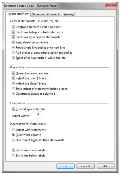 Reformat Source Code Options