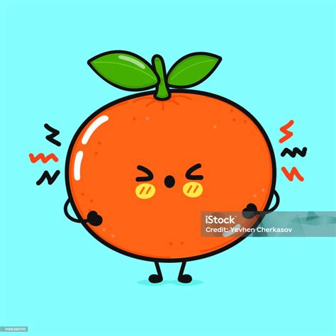 귀여운 화난 만다린 캐릭터 벡터 손으로 그린 만화 카와이 캐릭터 일러스트 레이 션 아이콘 파란색 배경에 격리되어 있습니다 슬픈 만다린 캐릭터 개념 감귤에 대한 스톡 벡터