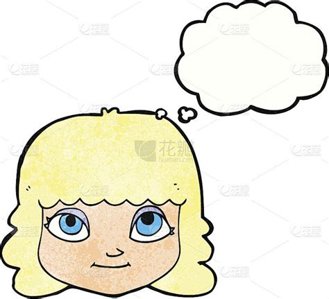 卡通快乐的女性脸上带着思想泡泡