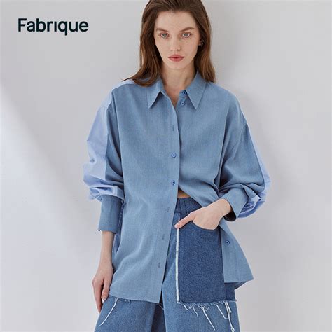 Fabrique宽松廓形拼接牛仔衬衫2023夏季新款休闲百搭上衣女 虎窝淘