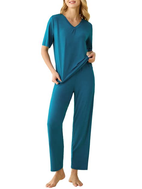 Womens Bamboo Viscose Pajama Set V Neck Top Lounge Pants With Pockets