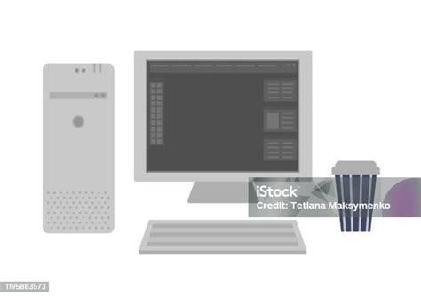컴퓨터가 있는 작업장 모니터 시스템 장치 키보드 커피 한 잔 Lcd에 대한 스톡 벡터 아트 및 기타 이미지 Lcd 개발 데스크탑 컴퓨터 Istock