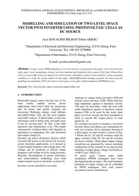 Pdf Modelling And Simulation Of Two Level Space Vector Pwm Inverter Using Photovoltaic Cells