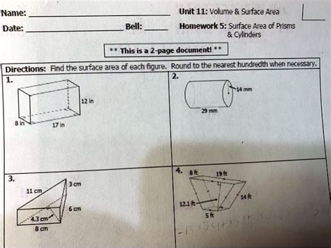 Solved Unit 11 Volume Surface Area Homework 5 Surface Area Of Prisms And Cylinders Date Bell