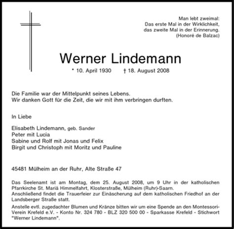 Traueranzeigen Von Werner Lindemann Trauer In Nrw De
