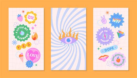 90년대 스타일의 패치와 스티커가 있는 벡터 인스타 스토리 템플릿 스티커에 대한 스톡 벡터 아트 및 기타 이미지 스티커 강렬하고 밝은 색상 개념 Istock