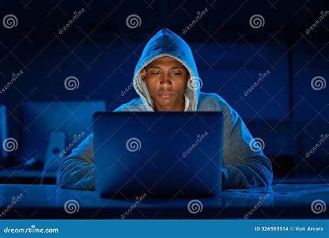 Black Man Hoodie Or Hacker With Laptop For Cybersecurity Problem Malware Or Phishing For Crime
