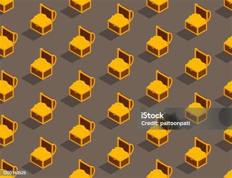 보물 상자 금화 3d 아이소메트릭 원활한 패턴 부 개념 포스터 및 소셜 배너 포스트 디자인 일러스트 카피 공간 갈색 배경에 고립