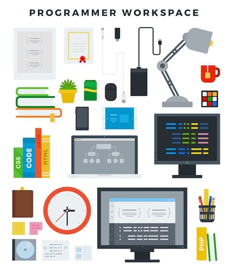 premium vector programmer workplace elements set