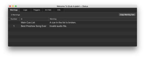 The Workspace Status Window Qlab 4 Documentation