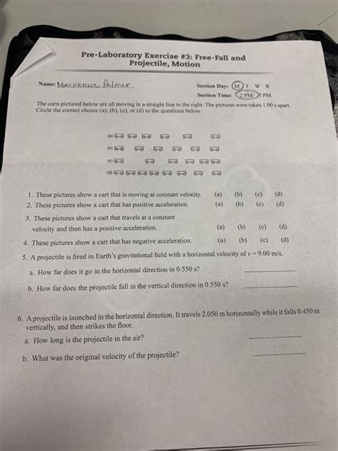 solved pre laboratory exercise 3 free fall and projectile