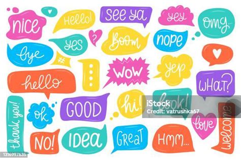 손으로 그린 음성 거품 낙서 대화 거품 필기 텍스트와 구름을 생각 귀여운 만화 이야기 풍선 노트북 스티커 벡터 세트 스티커에 대한 스톡 벡터 아트 및 기타 이미지 Istock