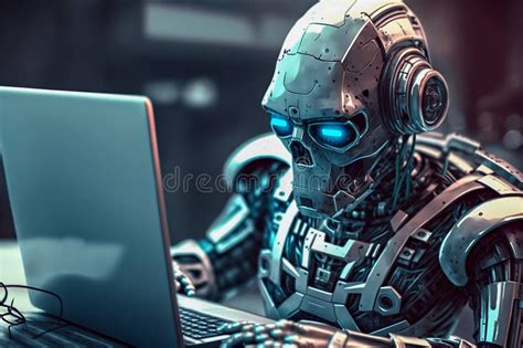 Ai Robot Working On Laptop Generative Ai Stock Illustration Illustration Of Virtual Humanoid