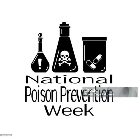 국가 독 예방 주간 다양한 유해 물질이있는 용기의 실루엣 포스터 또는 배너개념 예방에 대한 스톡 벡터 아트 및 기타 이미지