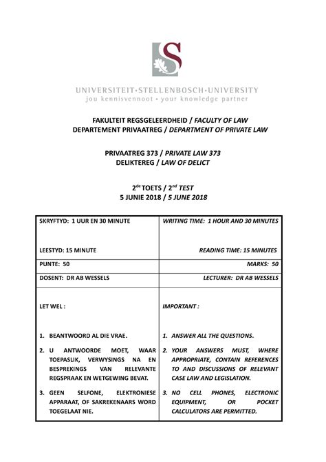 Test 2 Memo Memo For Test FAKULTEIT REGSGELEERDHEID FACULTY OF LAW DEPARTEMENT PRIVAATREG