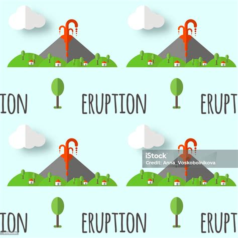 벡터 패턴 완벽 한 화산 분화입니다 연기 고 분화구 마을에 나무에서 용암 엽서 웹 사이트 포스터 벽지 포장지에 사용 과학에 대한 스톡 벡터 아트 및 기타 이미지 Istock