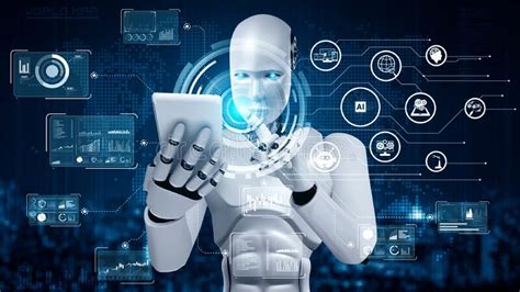 Robot Hominoid Use Mobile Phone Or Tablet For Big Data Analytic Stock Illustration